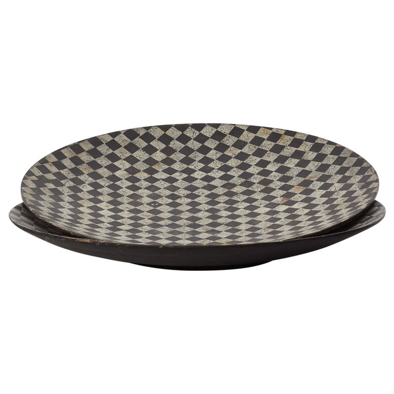 Impressive Pair of Decorative Wooden Plates with Chequered Design, 20th ...