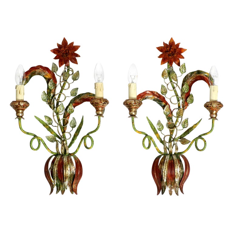 Pair of Beautiful Large Floral Italian Mid-Century Modern Metal Sconces ...