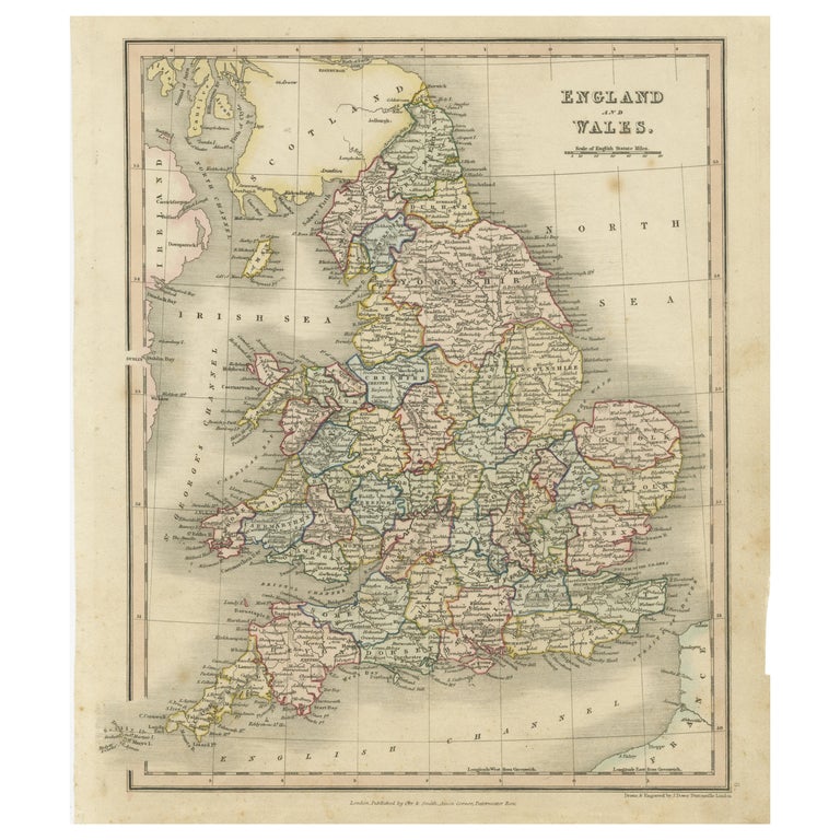 Antique Map of England and Wales, Also Showing the English Channel For ...