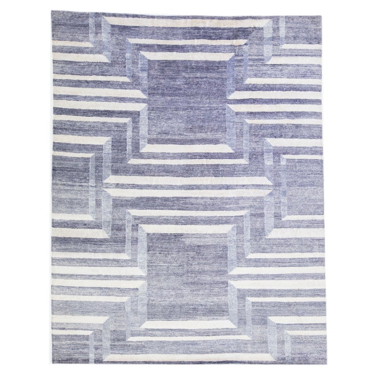Handmade Modern Wool and Silk Rug with Gray Geometric Design For Sale ...