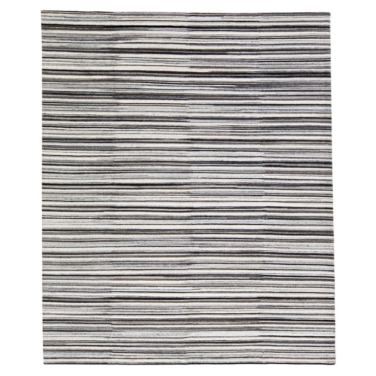 Stripe Modern Apadana's Groove Handmade Bamboo/Silk Rug in Earthy Tones ...