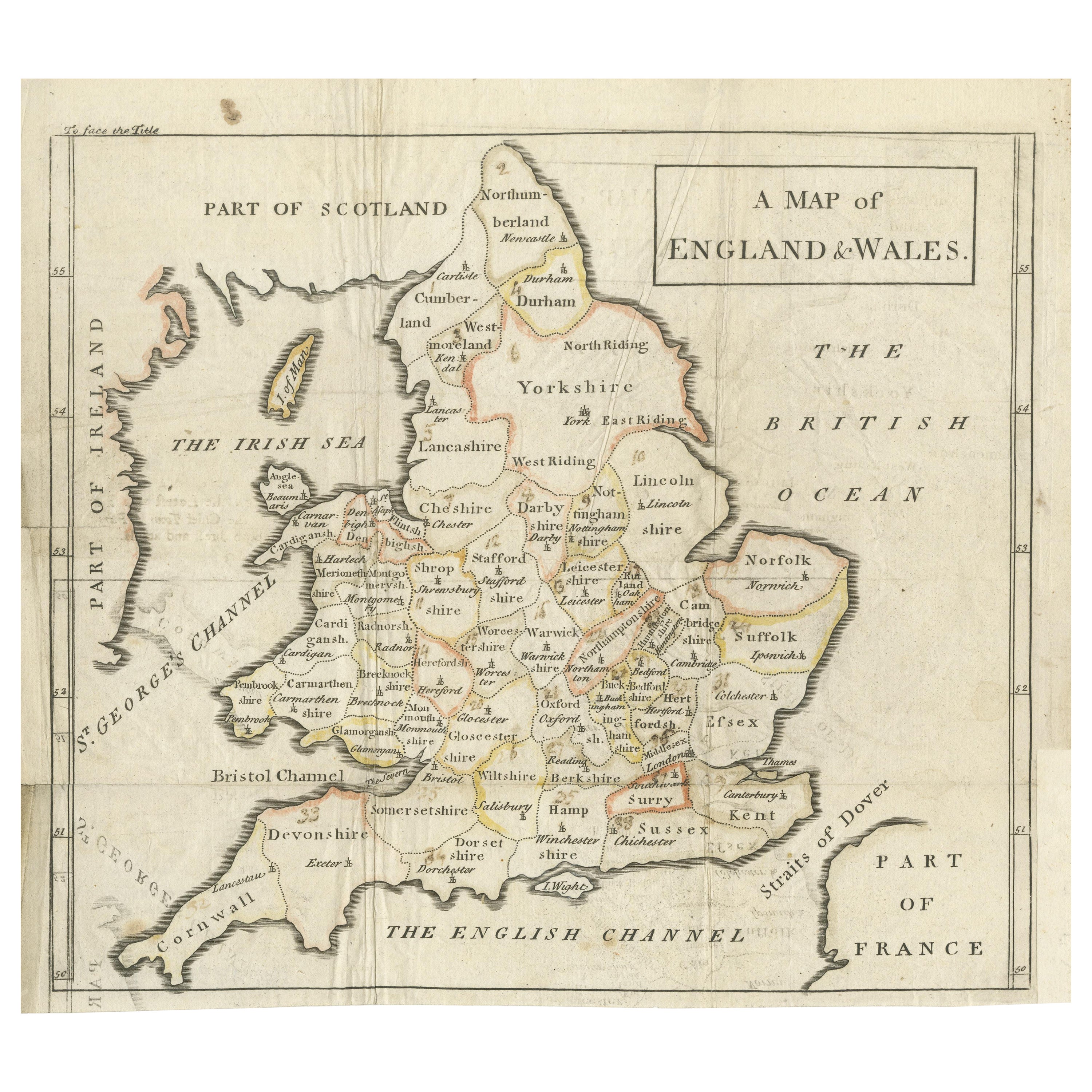 Original Antique Map of England and Wales with Large Cartouche For Sale ...
