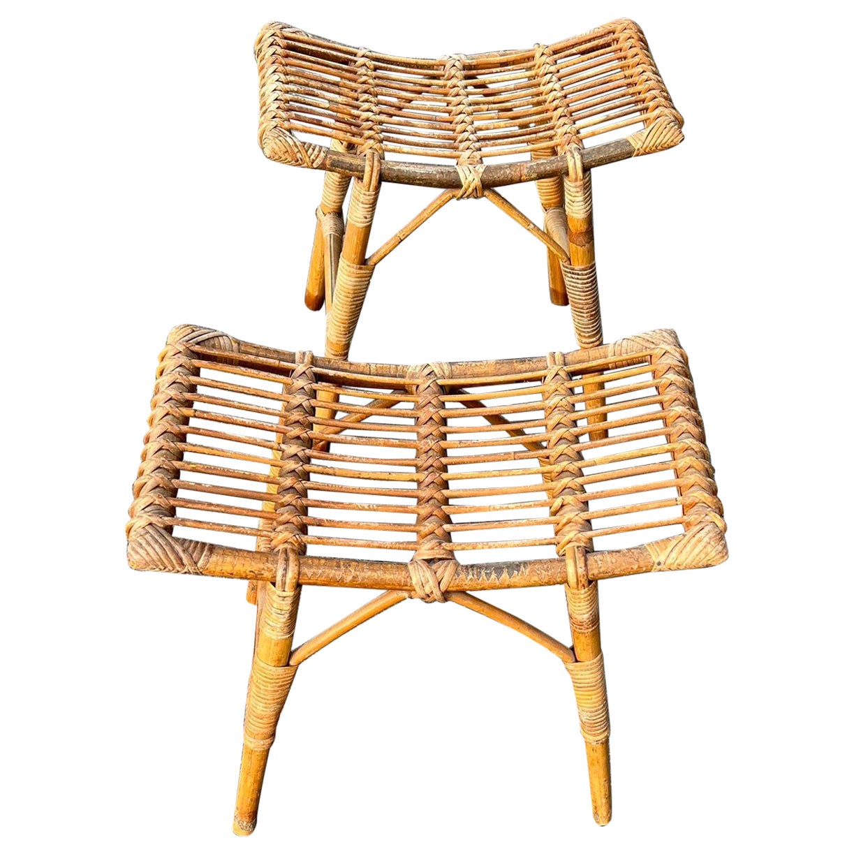 Pair of Upholstered Square Stools with Stylized Bamboo Wood Bases at ...