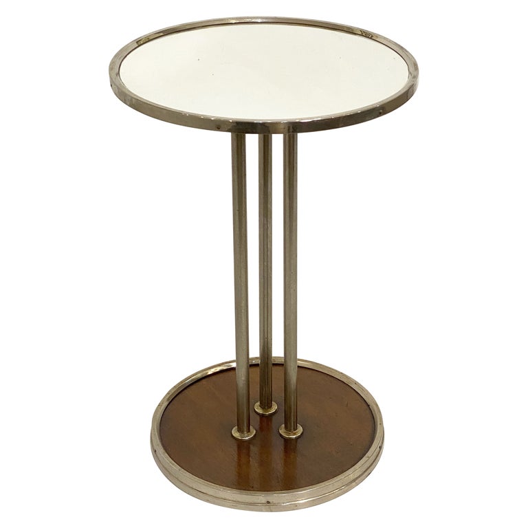 French Modern Round Drinks Table of Nickel Chrome, Mirrored Glass, and ...