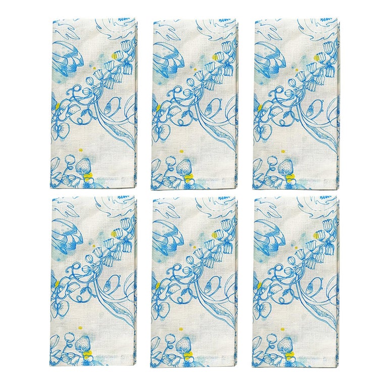 Set of Six Light Blue Linen Voile Napkins "Blue Summer" Design For Sale ...