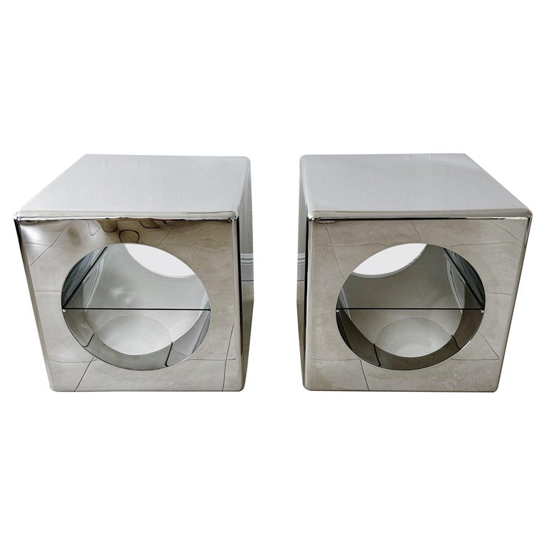 Vintage Polished Stainless Steel Cube Tables with Glass Shelves For ...