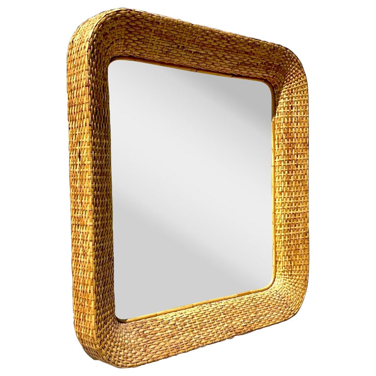 Vintage Coastal Woven Rattan Square Mirror at 1stDibs