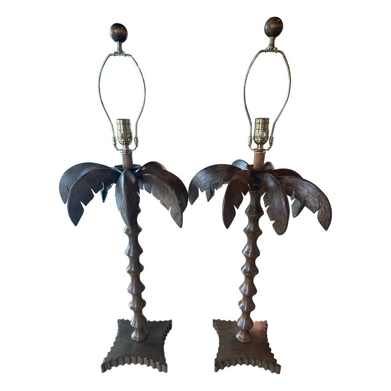 Vintage Pair of Tropical Beach Palm Tree Leaf Table Lamps Newly Wired ...