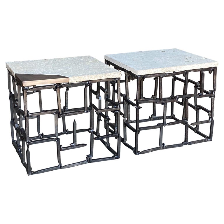 Pair of Vintage Railroad Spike Tables with Stone and Bronze Tops For ...