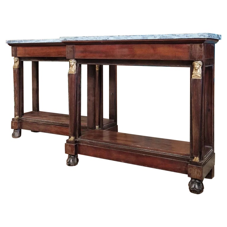 Paire de consoles anciennes de style Empire français avec plateau en ...