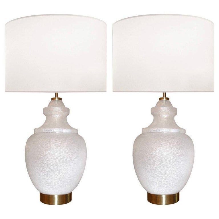 Pair Large White Mid-Century Modern Table Lamps, Textured Art Glass ...