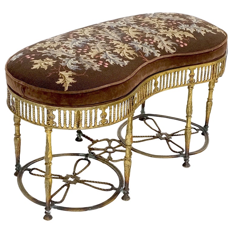 Antique Heavy Solid Bronze Kidney Shape Bench W/ Needle Point ...