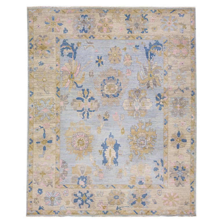 Floral Design Handmade Oushak Style Blue Wool Rug For Sale at 1stDibs