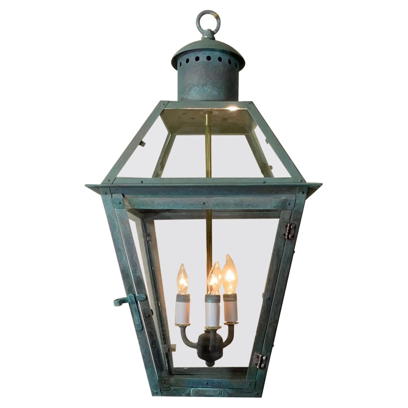 Vintage Four-Sides Hanging Copper Lantern For Sale at 1stDibs