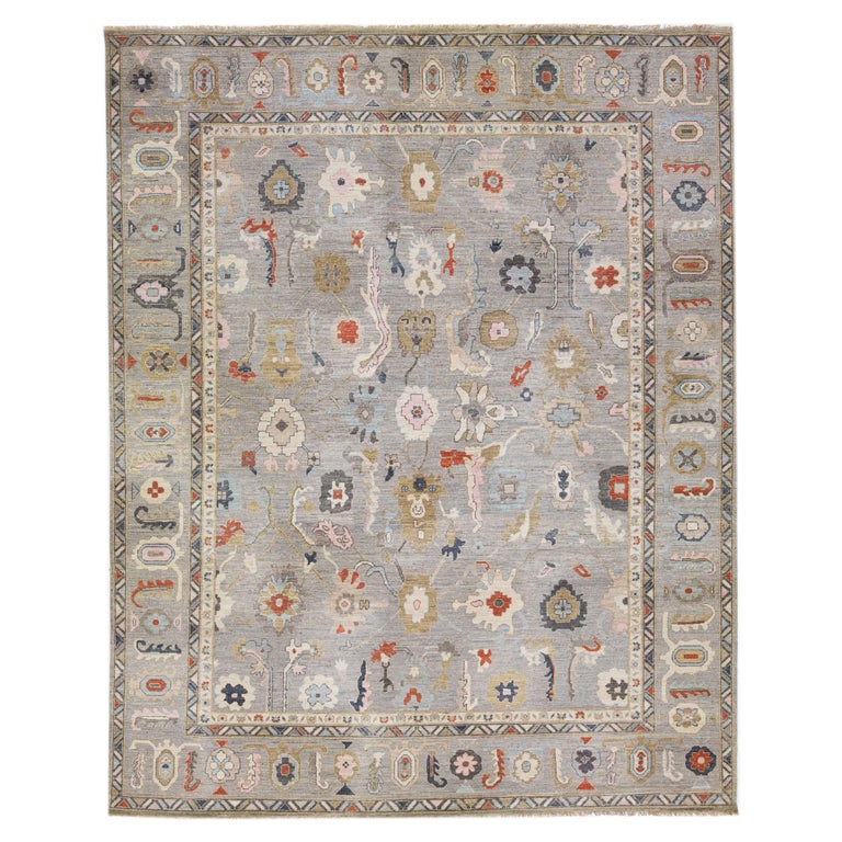 Oversize Indian Oushak Style Grey Wool Rug with Allover Motif For Sale ...