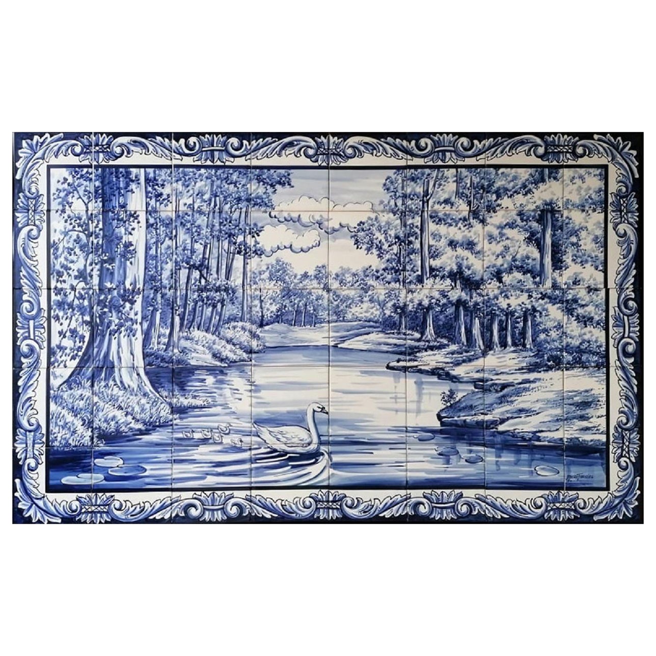 Azulejos Portuguese Hand Painted Ceramic Tile Mural "Swans" Signed by ...
