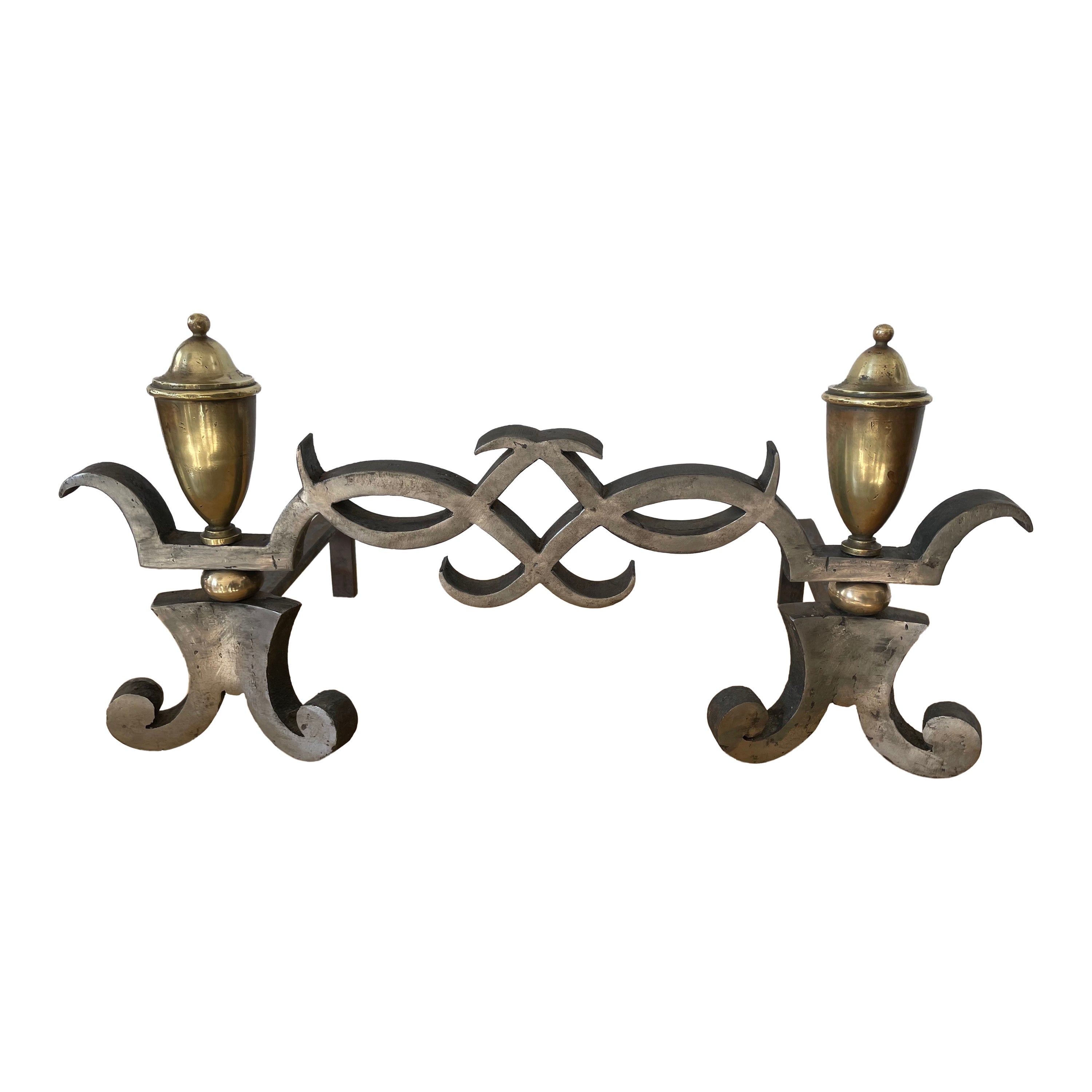 Fine Pair of Brass and Wrought Iron Andirons Attributed to Tiffany ...