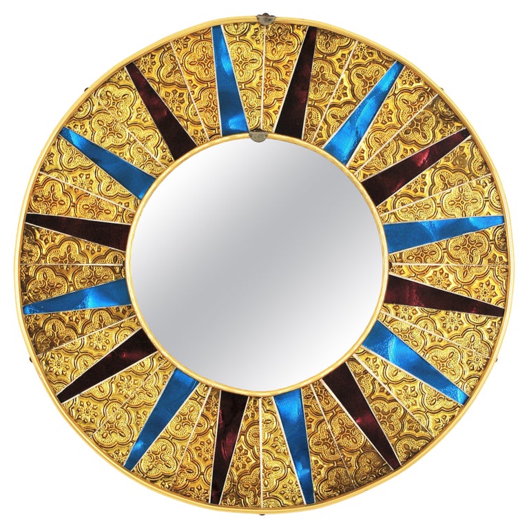 Midcentury Sunburst Glass Mosaic Round Mirror For Sale at 1stDibs