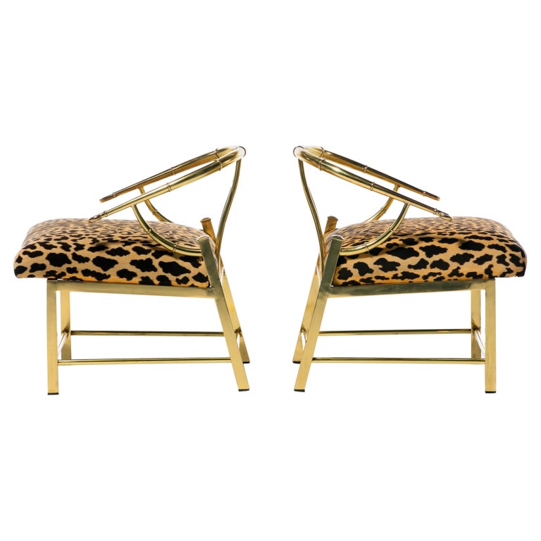 Pair of Brass Hollywood Regency Chairs in Leopard Velvet by Mastercraft ...