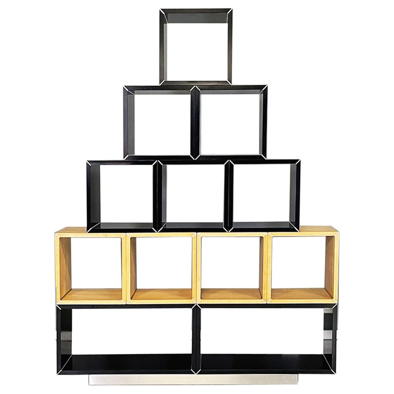 Italian Modern Wooden Modular Bookcase with Metal Details, 1980s at 1stDibs