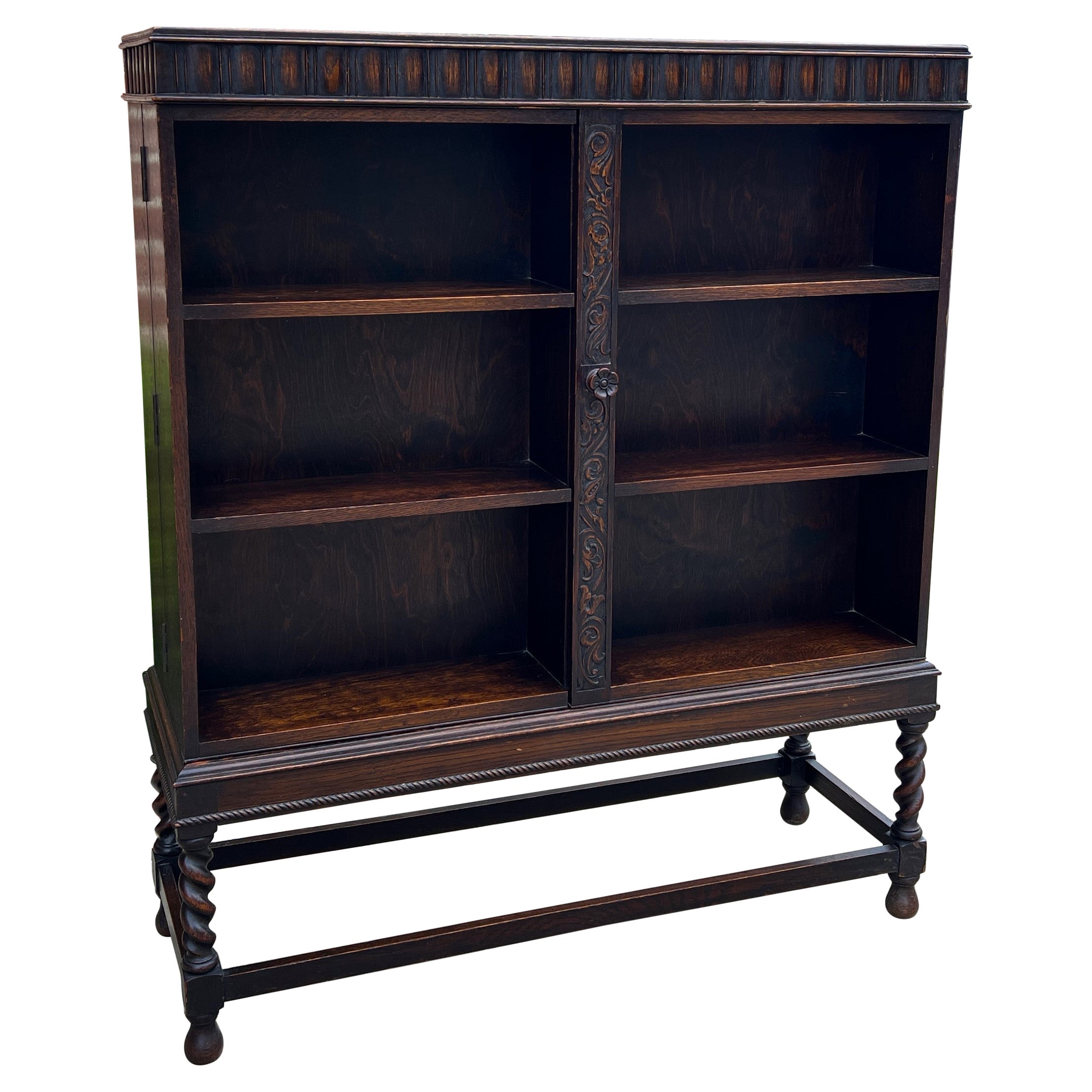 Antique English Bookcase Cabinet Hinged Hidden Storage Barley Twist Oak ...