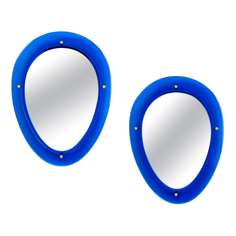 Pair of Blue Oval Shaped Glass Mirrors, Italy, 1960s For Sale at 1stDibs