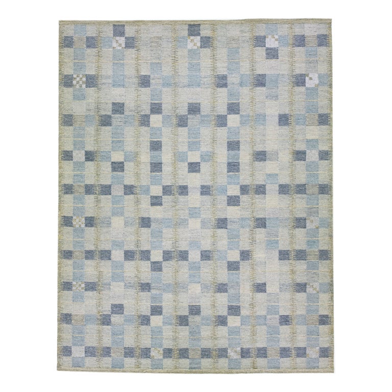 Modern Scandinavian Gray Handmade Oversize Wool Rug with Geometric ...