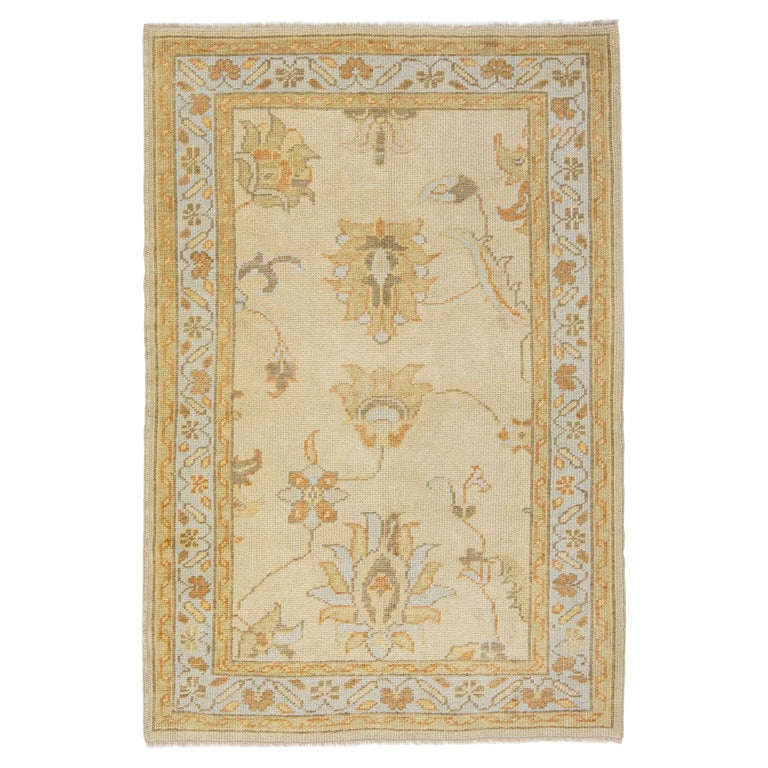 Beige Scatter Turkish Oushak Wool Rug Handmade with Floral Motif For ...