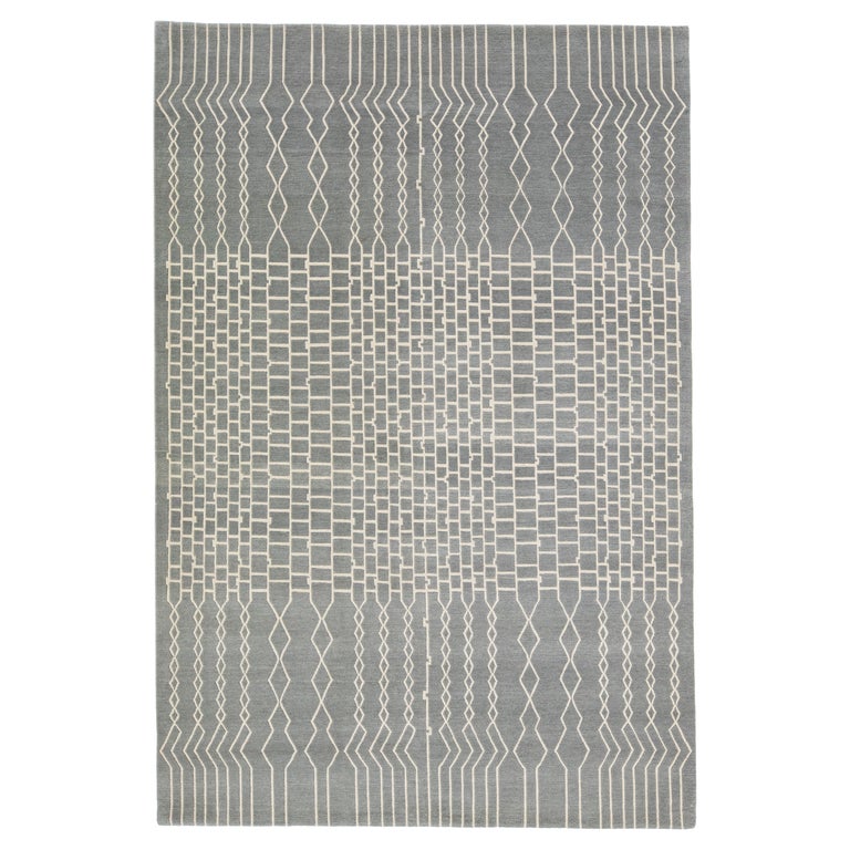 Gray Modern Handmade Geometric Designed Wool and Silk Tibetan Rug For ...