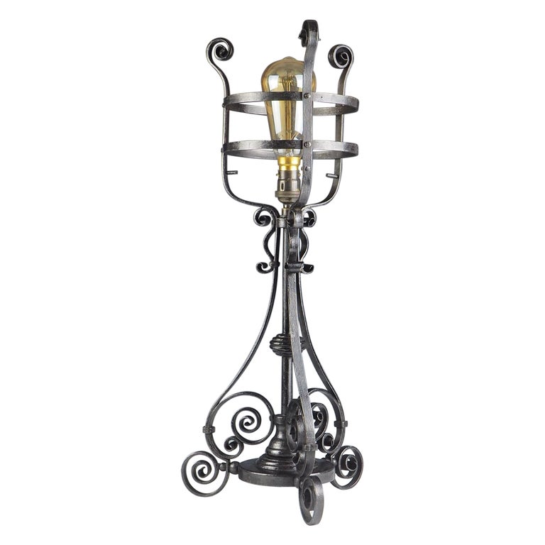 Arts and Crafts Hand Fordged Wrought Iron Table Lamp For Sale at 1stDibs