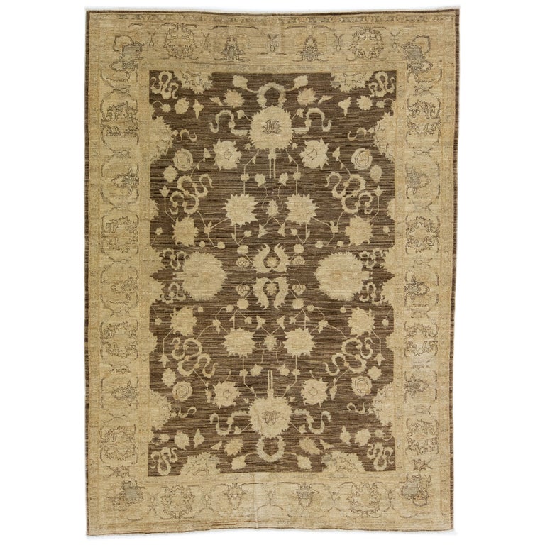 Modern Paki Peshawar Handmade Wool Rug with Floral Design in Brown For ...