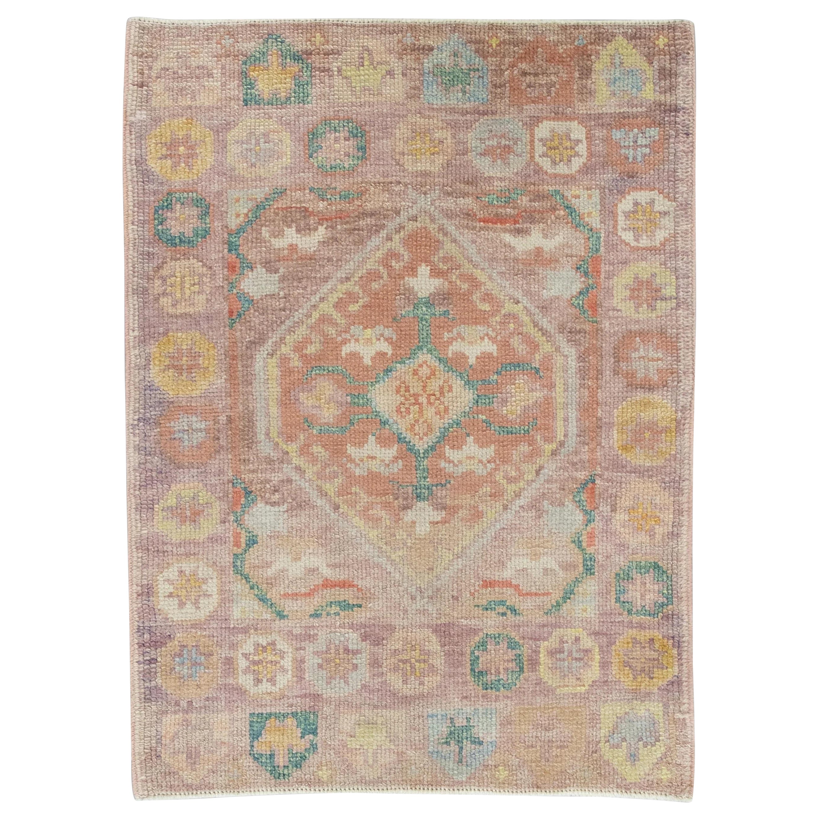 Pink Handwoven Wool Turkish Oushak Rug in Colorful Geometric Design 3 ...