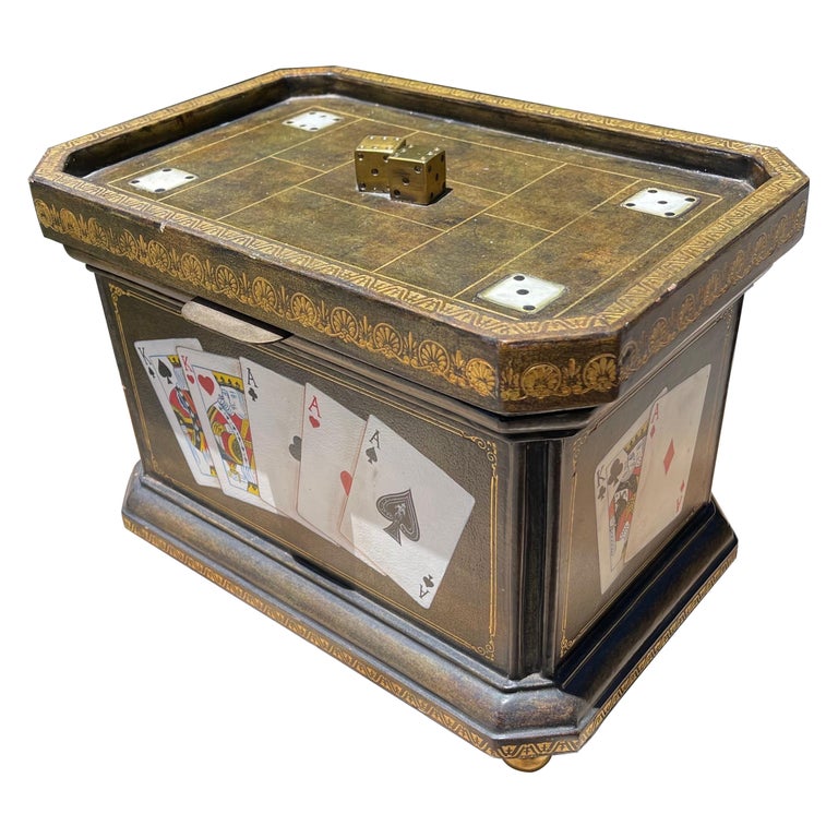 Maitland Smith Tooled Leather Hand Painted Poker Themed Box with Brass ...