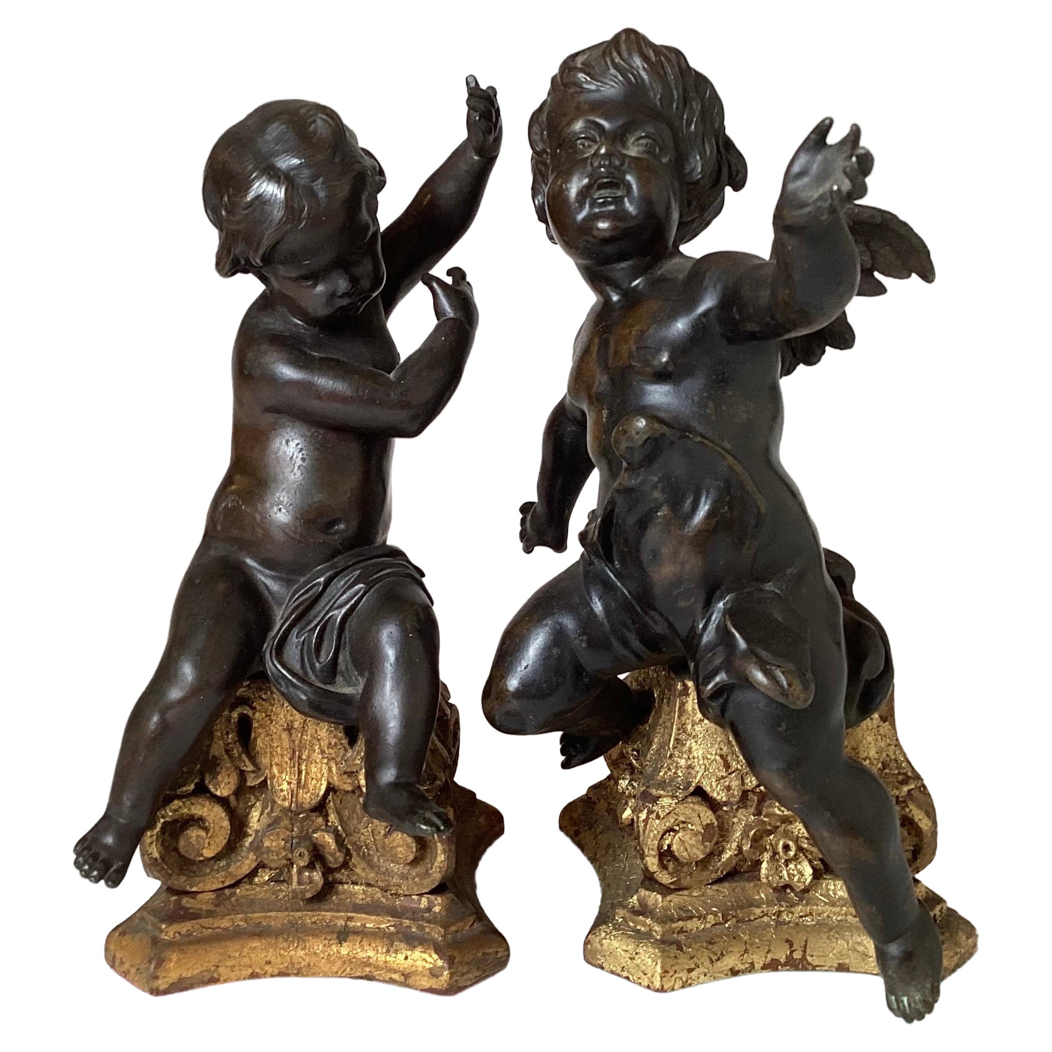 Pair of Mid-19th Century Patinated Bronze Putti on Giltwood Stands at ...