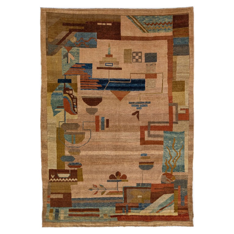 Handmade Vintage Arts and Crafts Brown Wool Rug with Allover Motif For ...