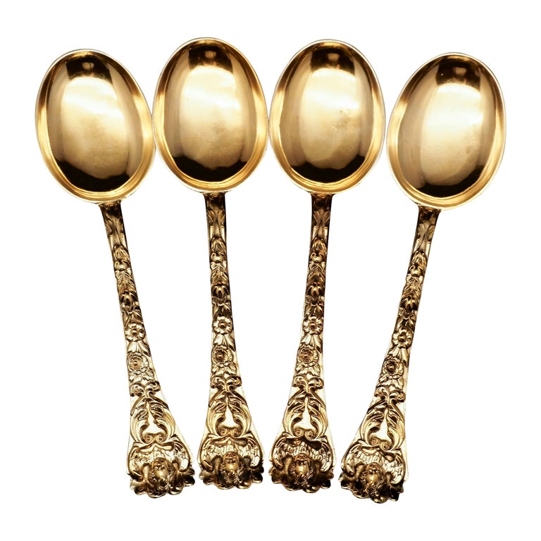 Antique Set of 4 Solid Silver Gilt Spoons Highly Embossed, Henry ...