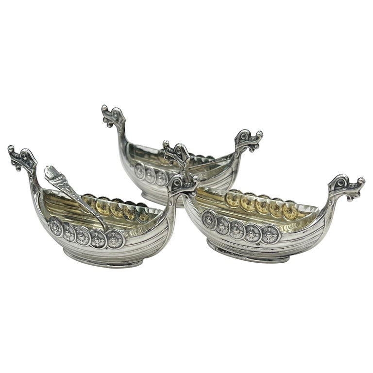 A Set of 3 Viking ship Silver Salts, 2 spoon 3 cut glass inserts For ...