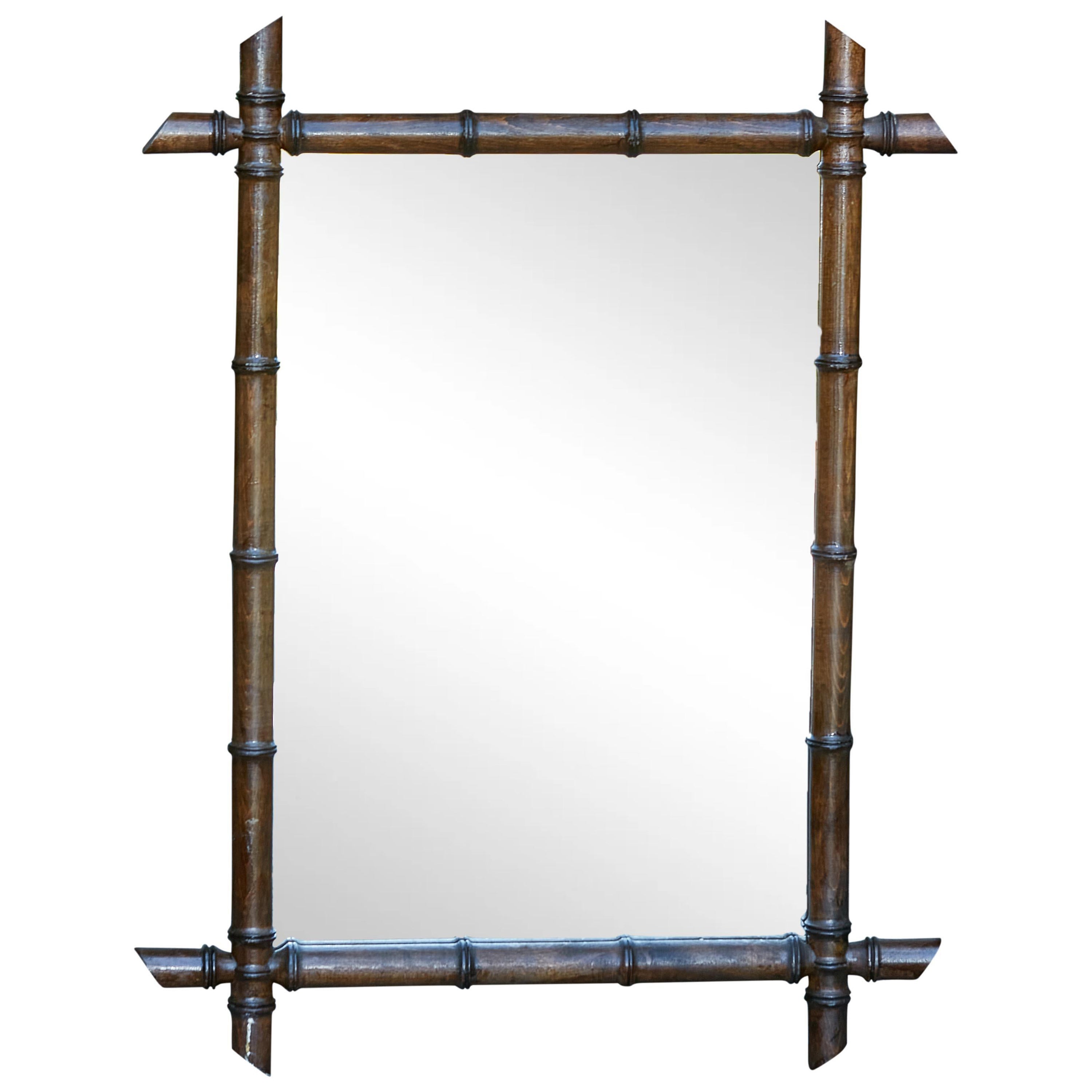 French 1920s Walnut Faux Bamboo Mirror with Slanted Accents and Brown ...