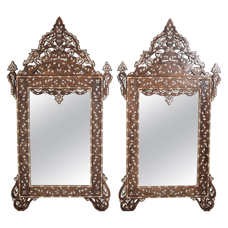 Damascene Moorish Bone Inlaid Mirrors With Floral Motif 52" H. A Pair ...