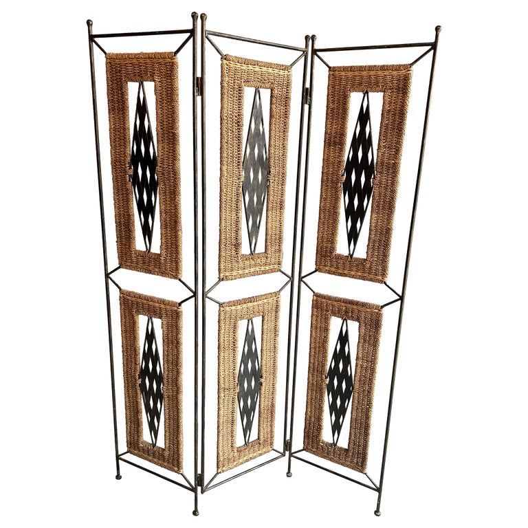Steel and Wicker Folding Screen, France, 1950s For Sale at 1stDibs