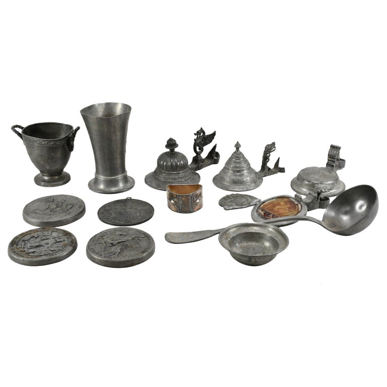 Mixed Lot of Metal and Tin Objects, Including Spoon, Cup, and Plates ...