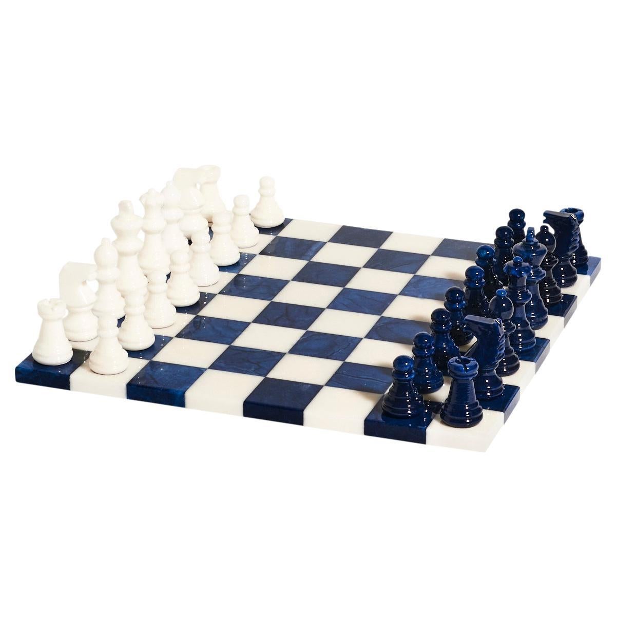 Italian Lapis Blue/White Large Alabaster Marble Chess Set at 1stDibs