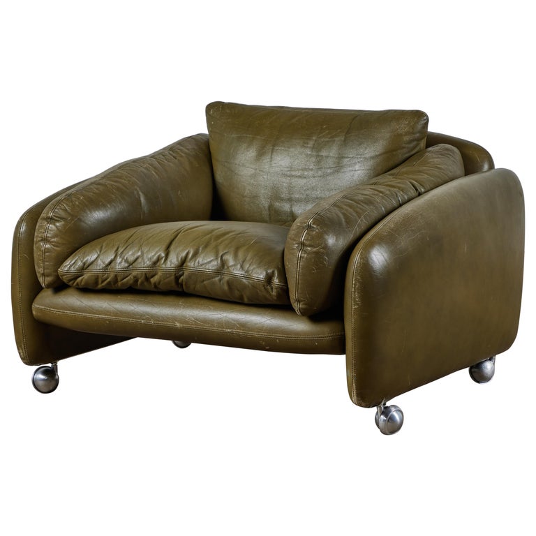 Low Leather Lounge Chair on Casters For Sale at 1stDibs