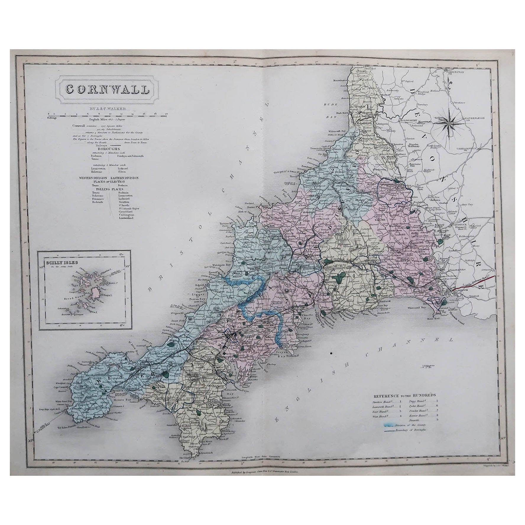 Original Antique English County Map, Cornwall. J and C Walker, 1851 For ...