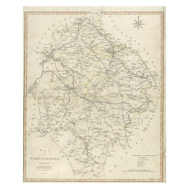 Large Antique County Map of Warwickshire, England, with Hand Coloring ...