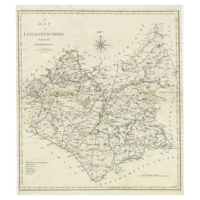 Large Antique County Map of Leicestershire, England, with Outline ...