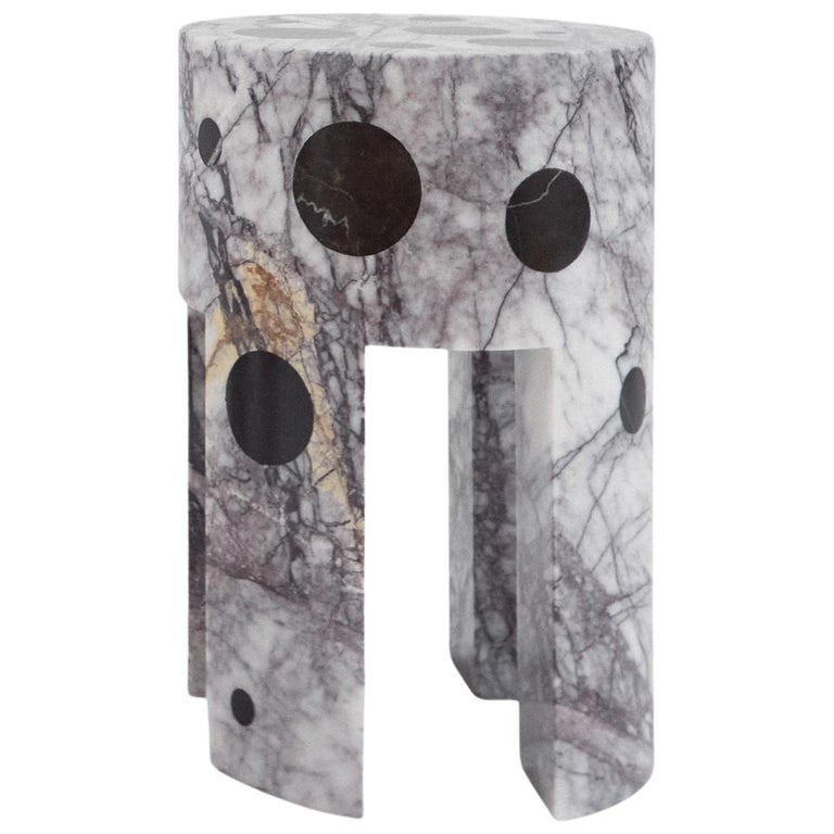 Contemporary Round Marble Black Stipples Stool by Interjeet Sandhu For ...