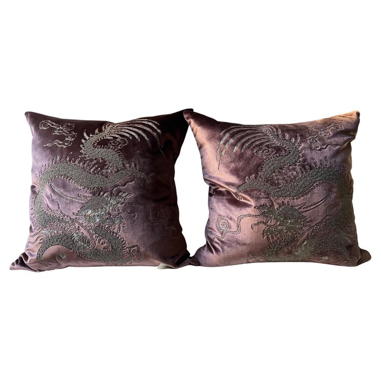 Pair Dragon Cushions Hand Embroidery Silver Beading on Silk Velvet Color Heather For Sale at 1stDibs