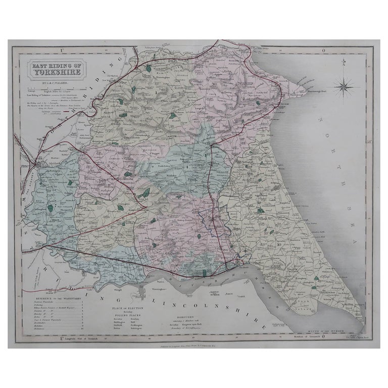 Original Antique English County Map, East Yorkshire, J and C Walker ...