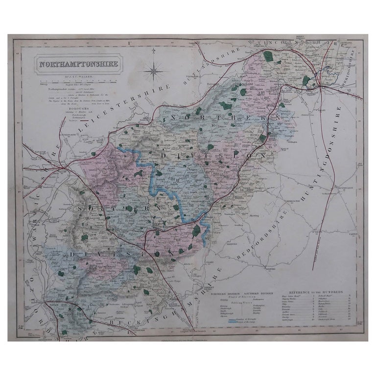 Original Antique English County Map - Northamptonshire. J and C Walker ...